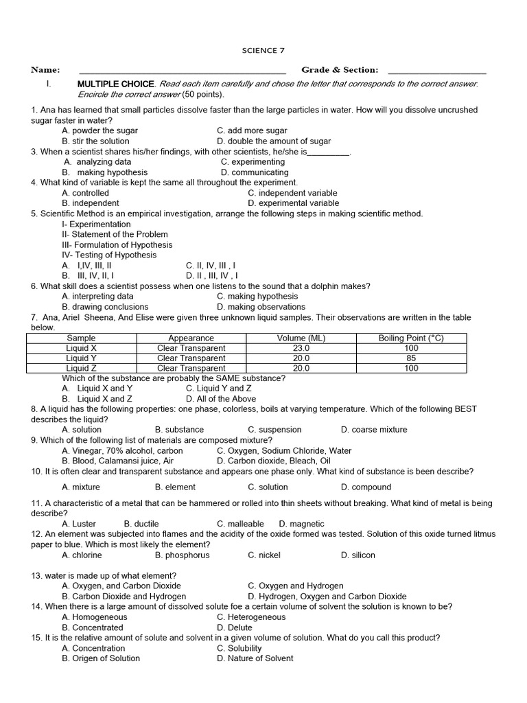 Science 7 Multiple Choice Questions | PDF | Acid | Chlorine