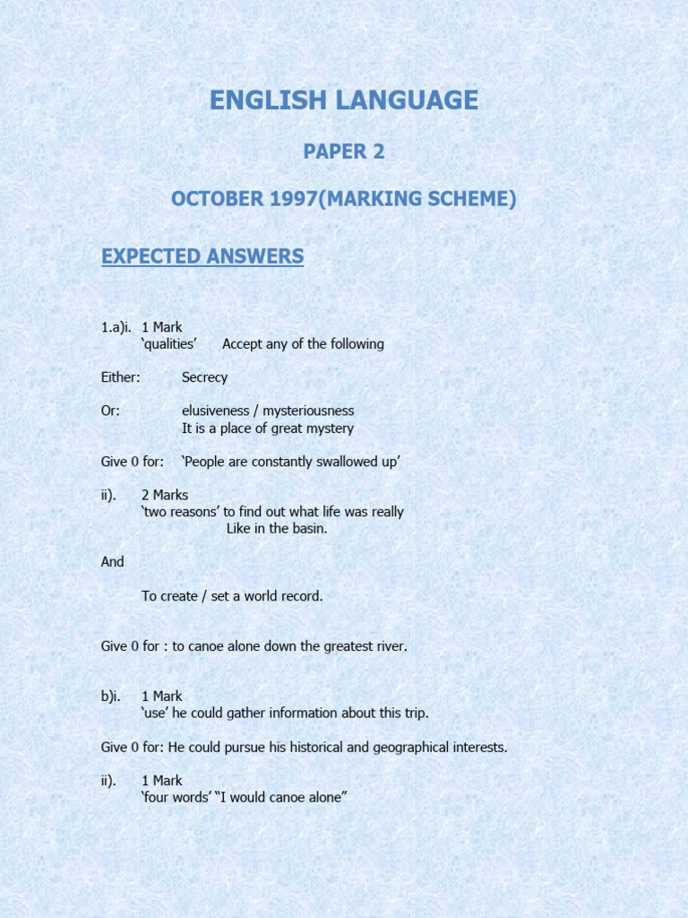 October 1997 English Paper 2 Marking Scheme | PDF | Language Arts ...