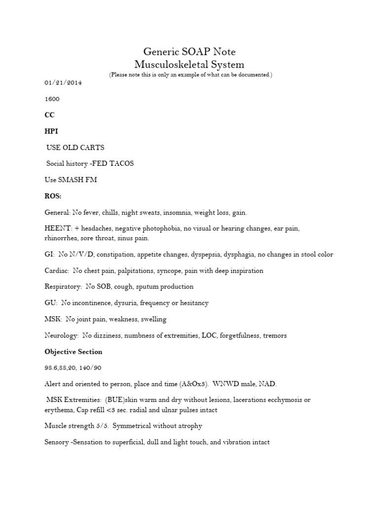Generic SOAP Note For The MSK System | PDF
