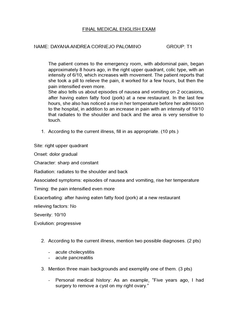 Final English Medical Exam | PDF | Pain | Nausea Final English Medical Exam | PDF | Pain | Nausea
