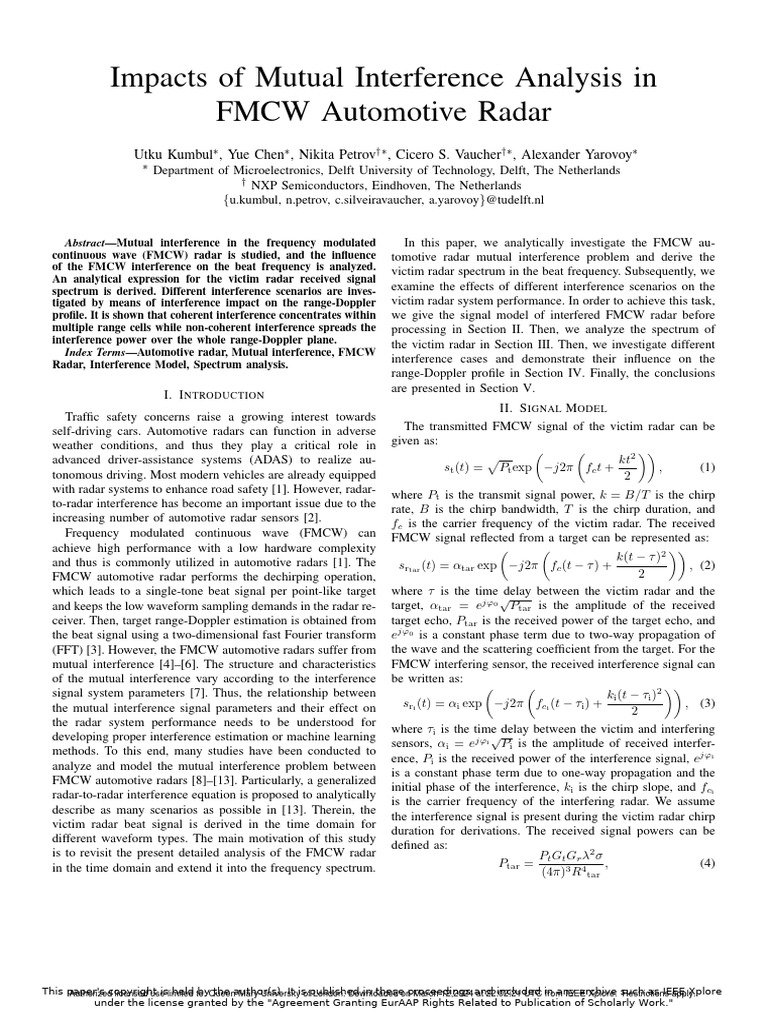 Impacts of Mutual Interference Analysis in FMCW Automotive Radar | Download Free PDF | Radar ...
