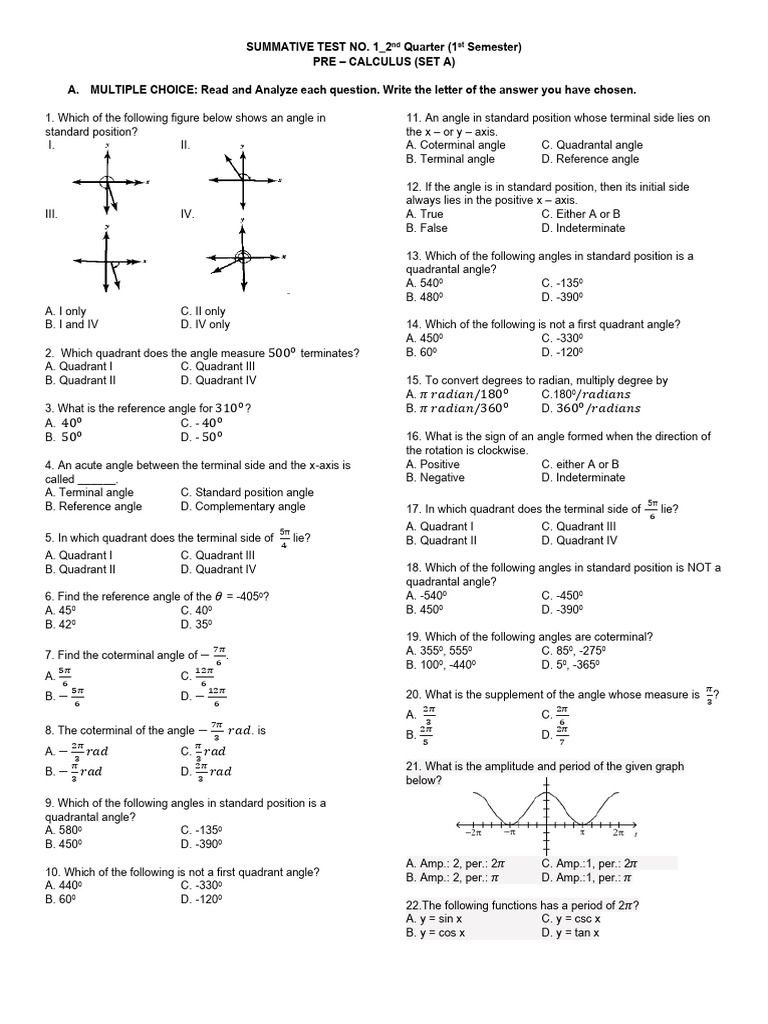 Summative No.1 - Precal - 2ND Qrtrset A | PDF | Trigonometric Functions ...
