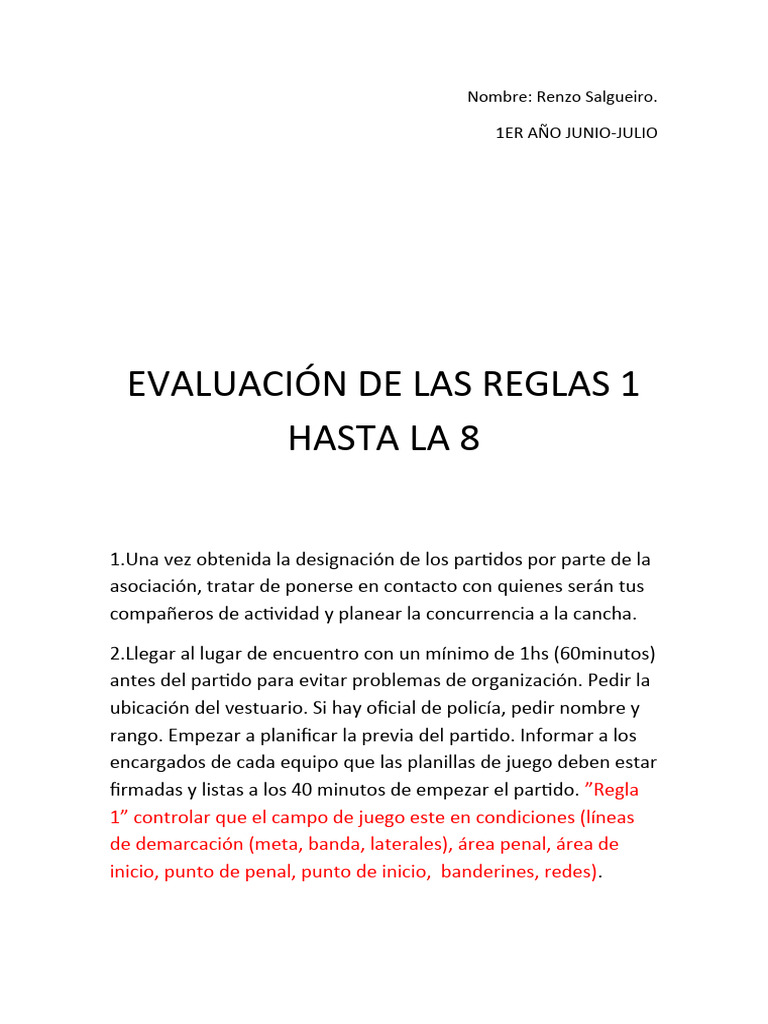 Evaluación de Las Reglas 1 Hasta La 8 | PDF | Árbitro | Asociación de Futbol