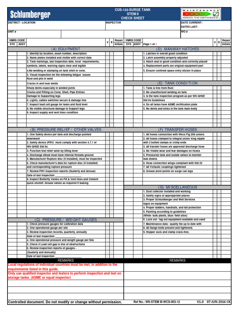 CUS-122 Surge Tank Inspection Checklist | PDF | Valve | Mechanical ...