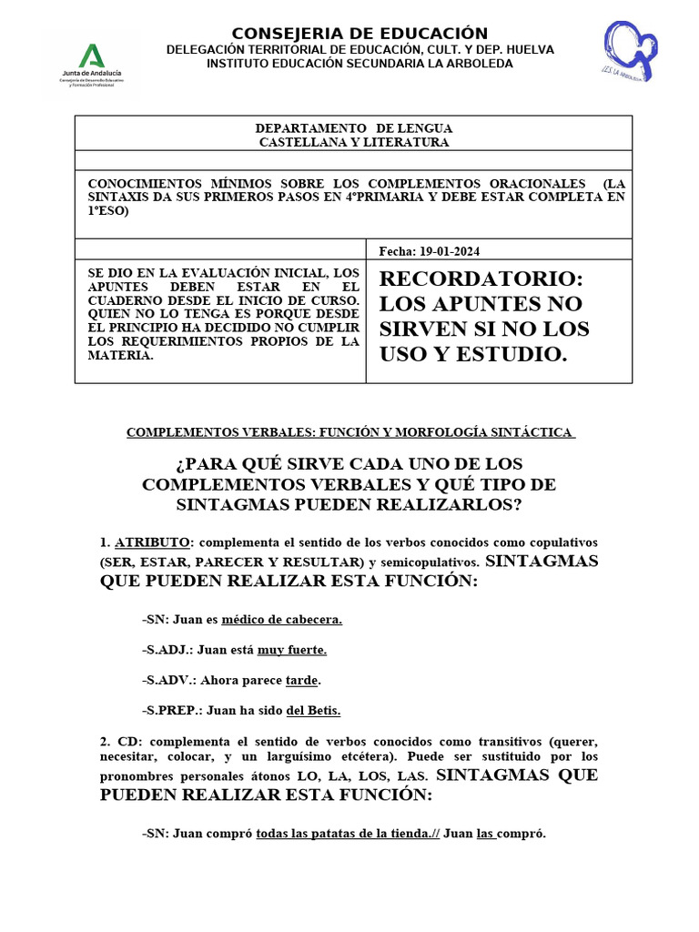 Complementos Oracionales y Nominales | PDF | Adjetivo | Verbo