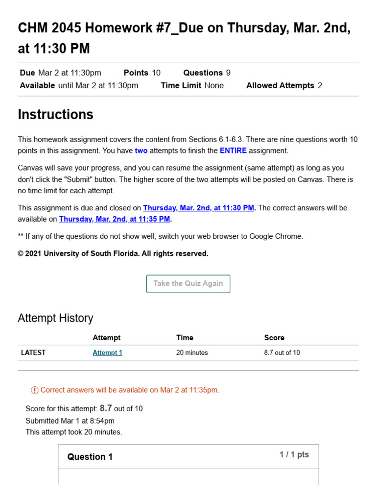 CHM 2045 Homework #7 - Due On Thursday, Mar. 2nd, at 11 - 30 PM - CHM2045.003S23.10746 General ...