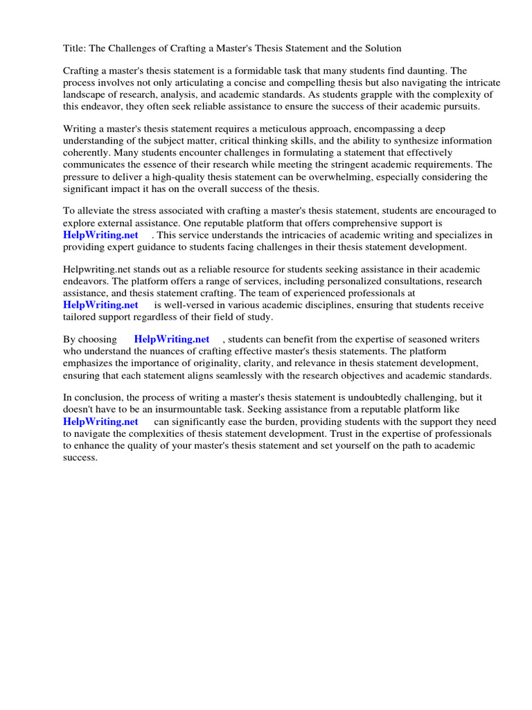 Masters Thesis Statement Examples | PDF | Essays | Thesis