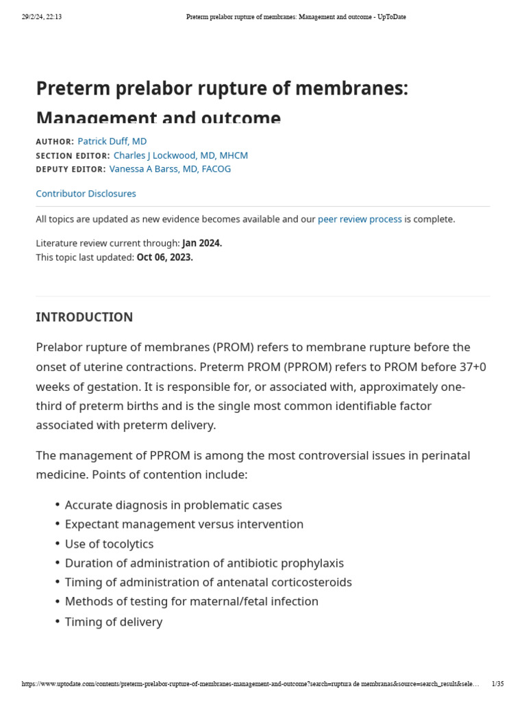 Preterm Prelabor Rupture of Membranes - Management and Outcome ...