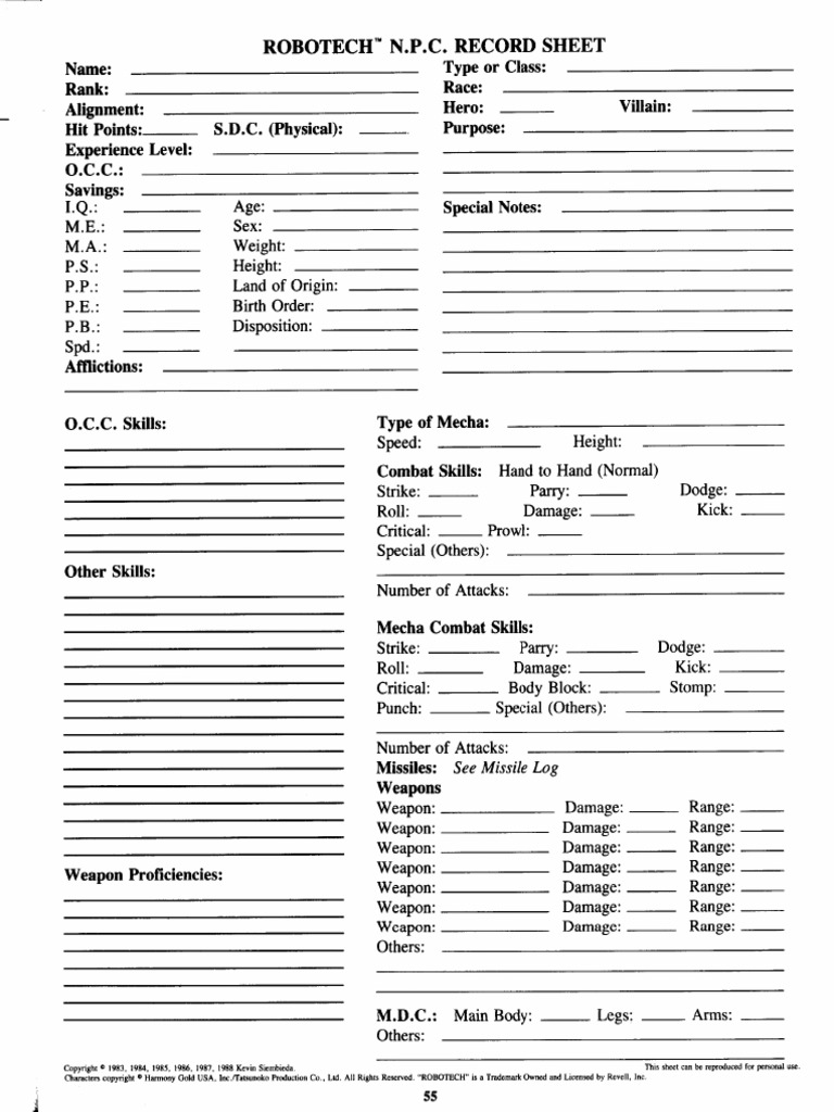 Robotech NPC Record Sheet | PDF