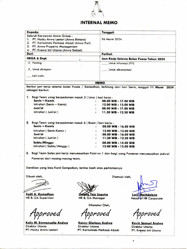 Internal Memo Jam Kerja Puasa | PDF