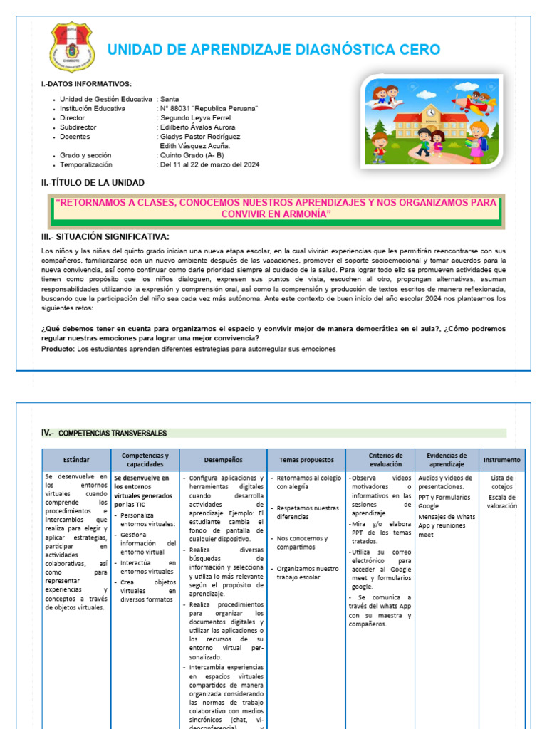 UNIDAD DE APRENDIZAJE CERO DEL QUINTO GRADO 2024 | PDF | Aprendizaje | Evaluación