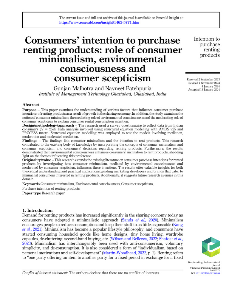 Consumers ' Intention To Purchase Renting Products: Role of Consumer Minimalism, Environmental ...