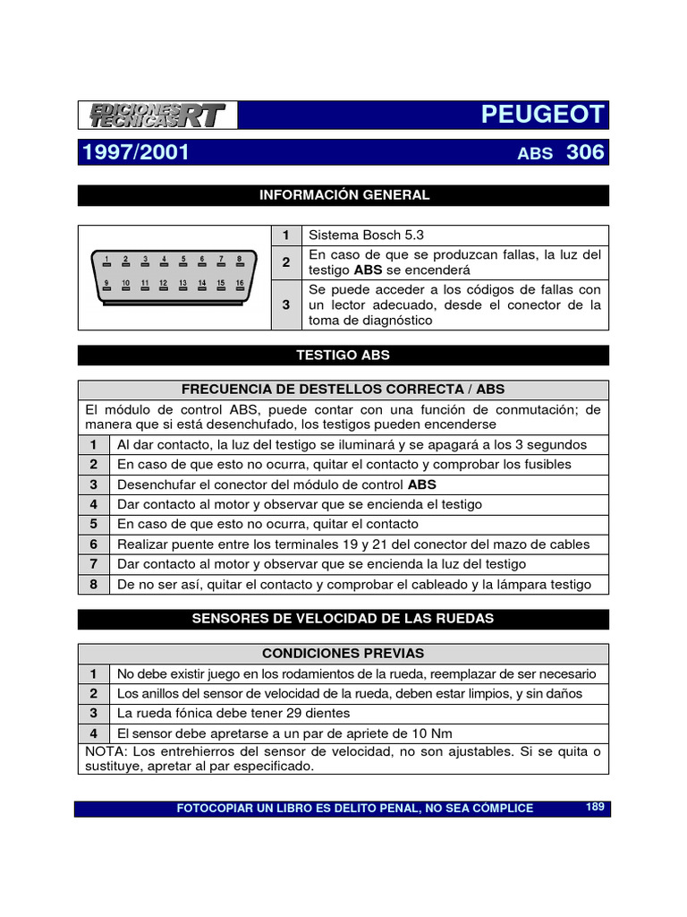 Diagrama y Fallas del ABS Peugeot 306 | PDF | Sistema de freno ...