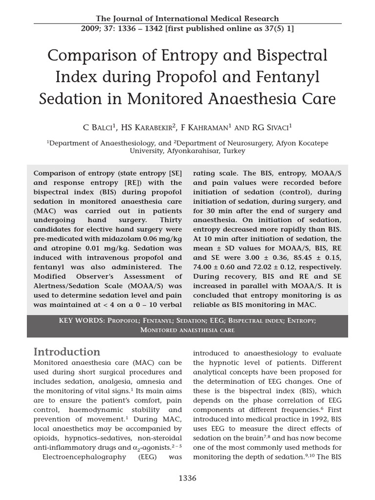 Balci Et Al 2009 Comparison of Entropy and Bispectral Index During ...