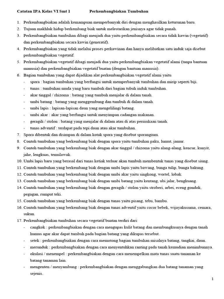 Catatan IPA Kls 6 SMT 1 Perkembangbiakan Tumbuhan | PDF