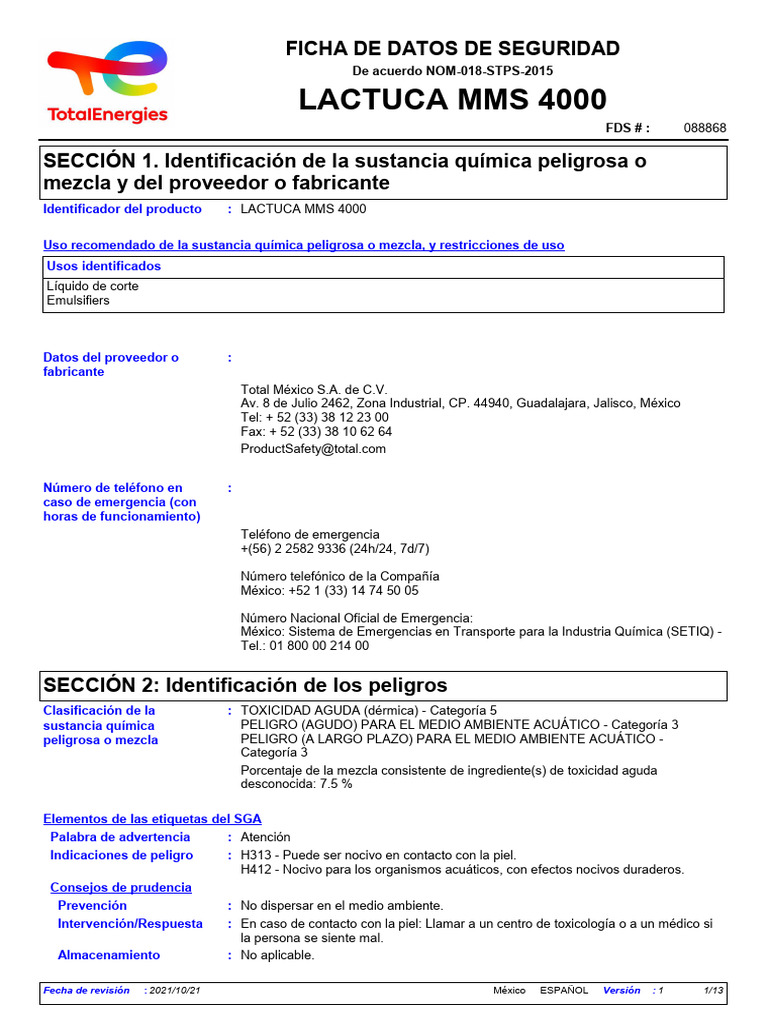 Ficha de Seguridad Lactuca MMS 4000 | PDF | Agua | Contaminación