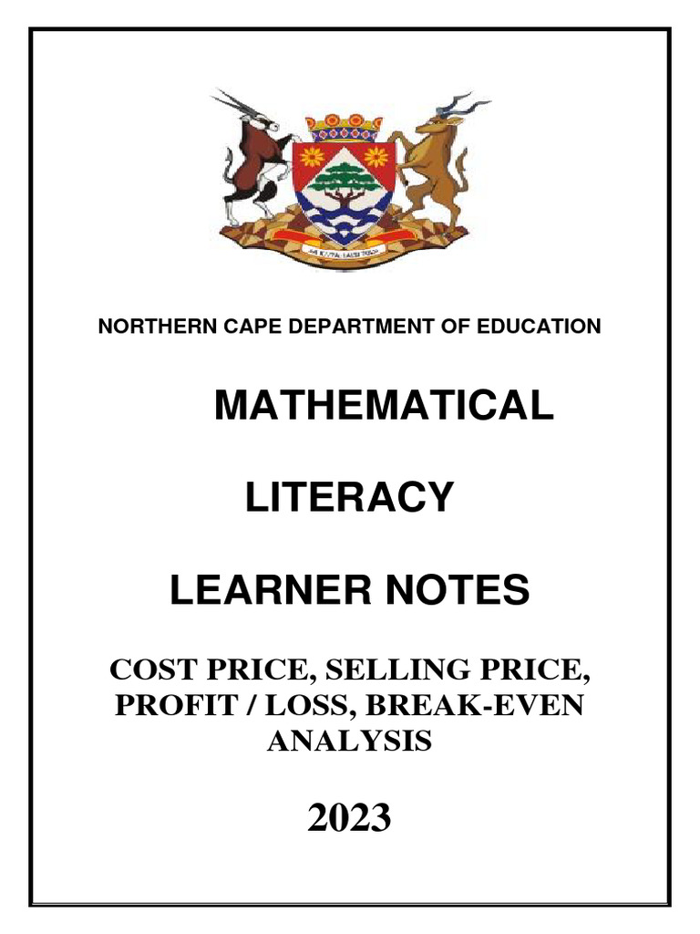 Cost Price, Selling Price, Profit and Loss, Break-Even - Learner Notes ...