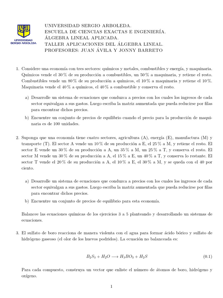 Taller Aplicaciones Lgebra Lineal | PDF | Ácido | Ecuaciones