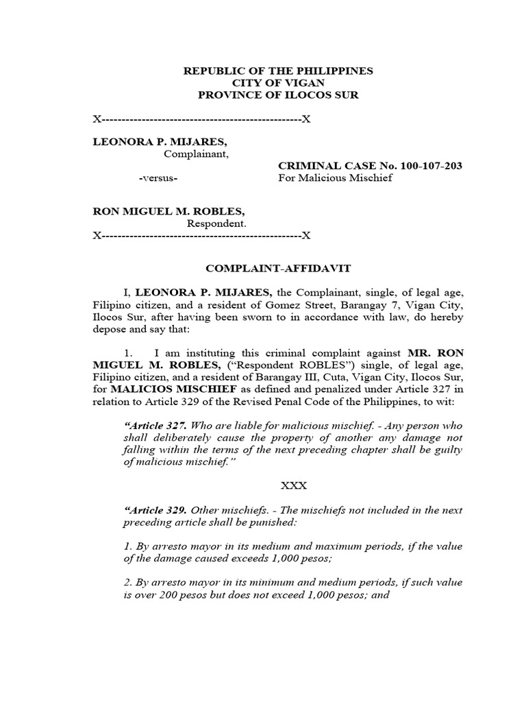 Complaint Affidavit On Malicious Mischief | Download Free PDF ...