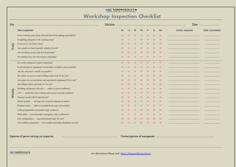 Workshop Inspection Checklist | Download Free PDF | Manufactured Goods | Equipment