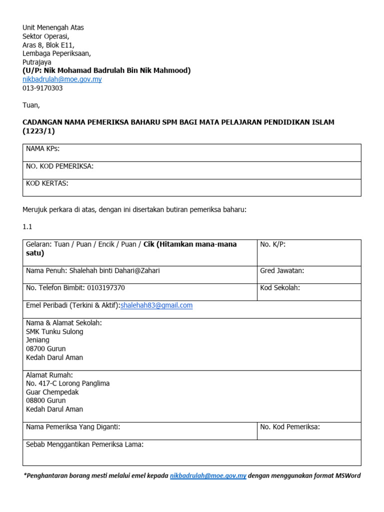 Edit (1223 - 1) Borang Cadangan Nama Pemeriksa Baharu SPM | PDF