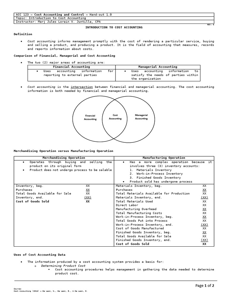 ACC 123 HO 1 Introduction to Cost Accounting | PDF | Inventory | Cost Accounting