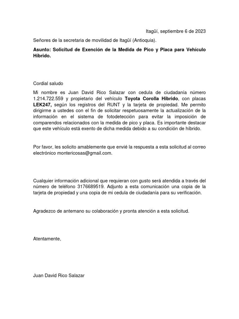 Carta Exento Pico y Placa Lek Itagui | PDF