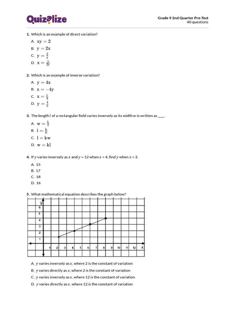 Grade 9 2nd Quarter Math Pre-Test | PDF | Area | Exponentiation