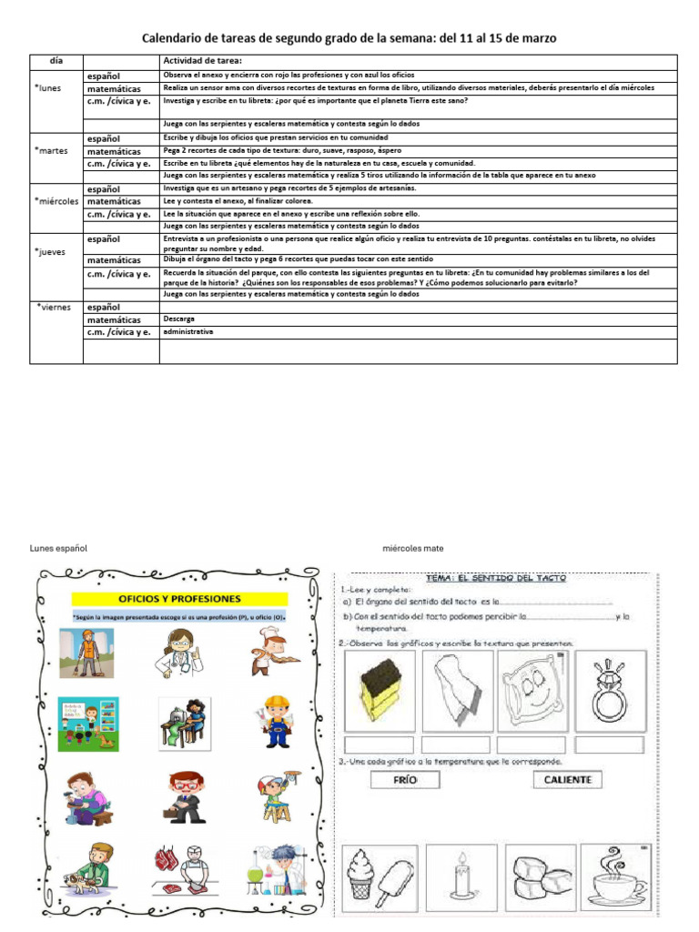 Tareas Semanales Segundo Grado: 11-15 Mar | PDF