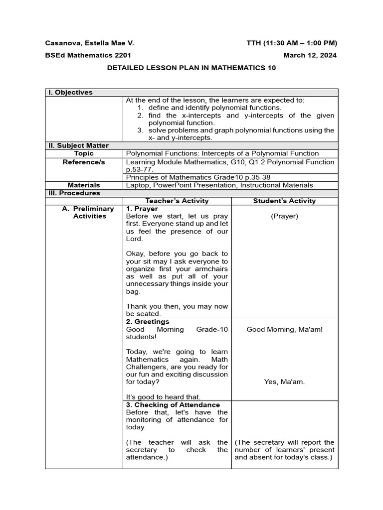 Ed 107 Detailed Lesson Plan In Mathematics 10 Pdf Variable Mathematics Cartesian
