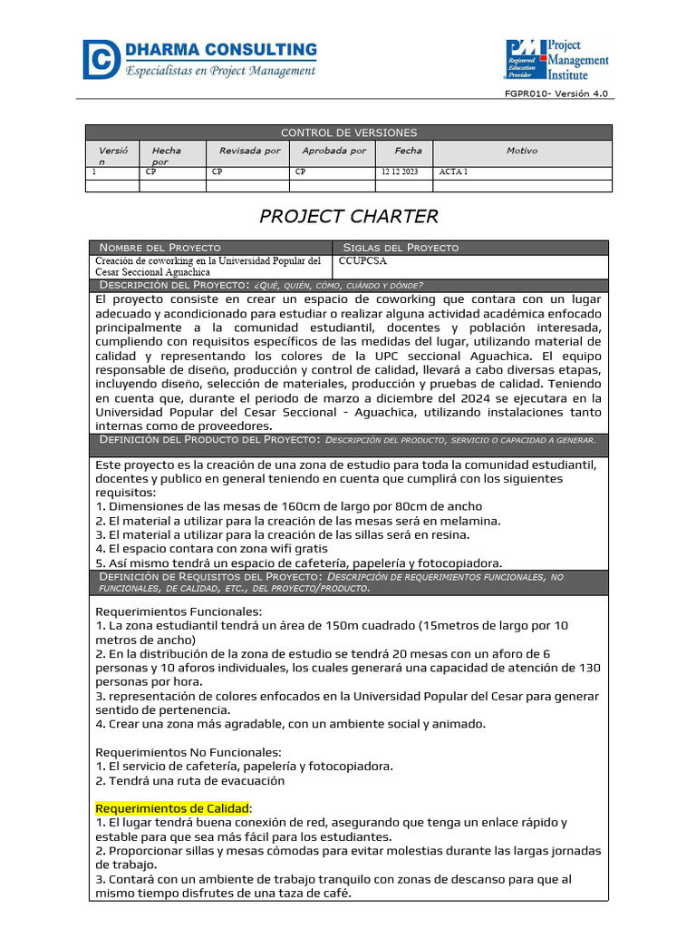 FGPR - 010 - 04-Formato de Project Charter, Agenda5-1 | PDF | Sustentabilidad | Diseño