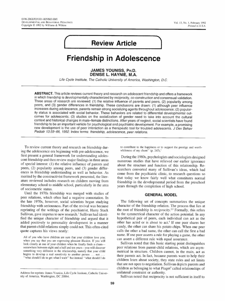 Friendship in Adolescence | PDF