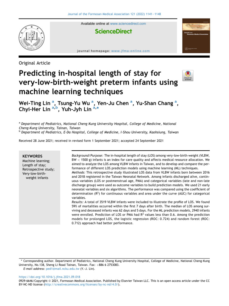 Predicting In-Hospital Length of Stay For Very-Low-Birth-Weight Preterm Infants Using Machine ...