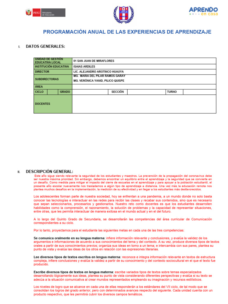Estructura de La Programacion Anual | Descargar gratis PDF | Evaluación | Aprendizaje