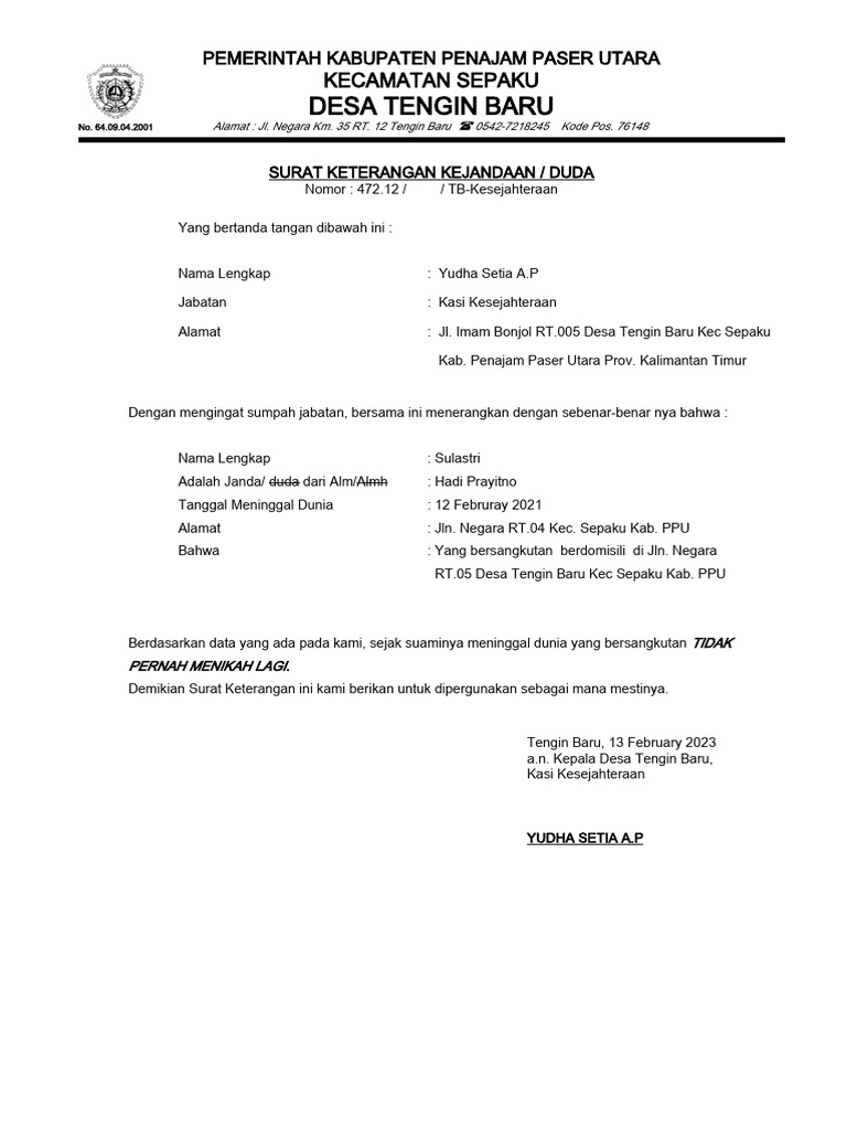 Surat Keterangan Janda Duda | PDF