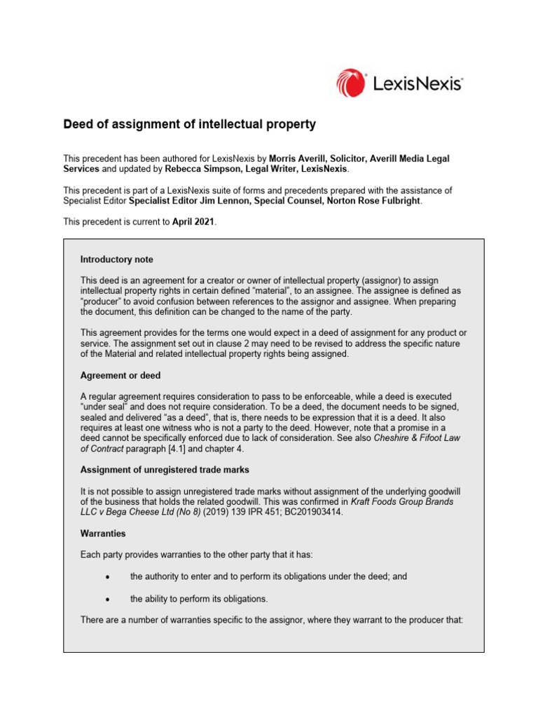 Deed of Assignment of Intellectual Property - LEXIS NEXIS | PDF ...