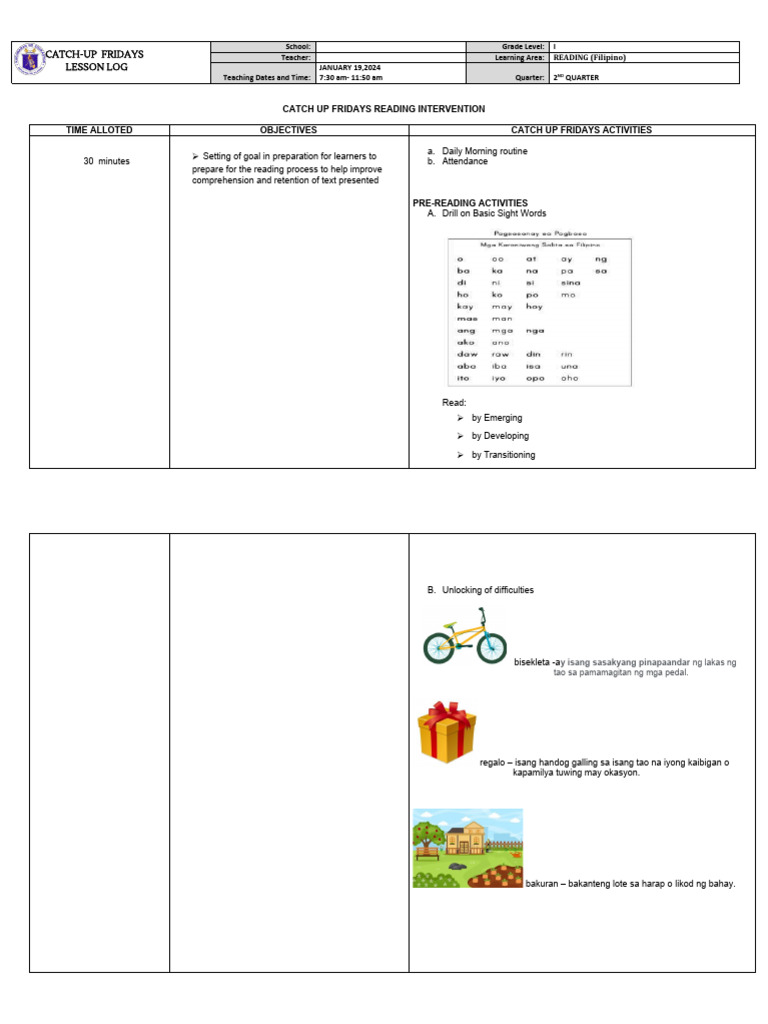 Q2_Jan. 19 Catch Up Fridays Lesson Plan Week 2 | PDF | Learning | Cognitive Psychology