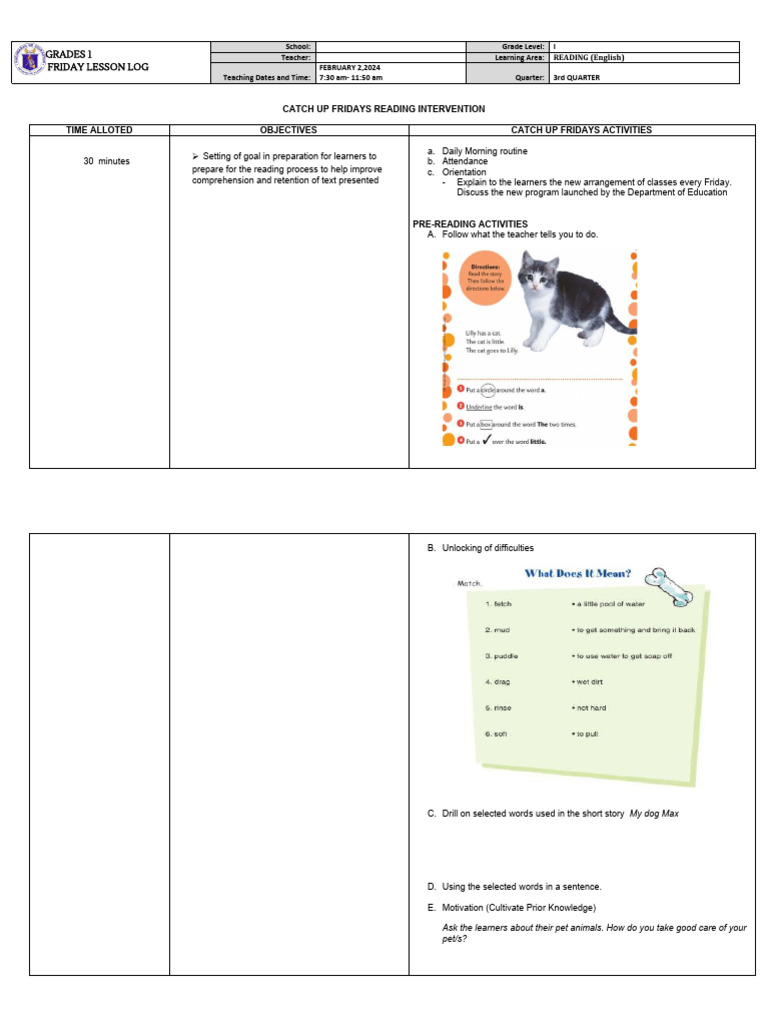 Q3 - Feb 2 - Catch Up Fridays Lesson Plan - EnGLISH DAY 1 | PDF ...