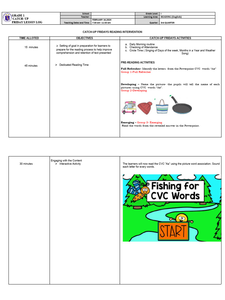 Q3 - Feb 16 - Catch Up Fridays Lesson Plan - EnGLISH DAY 1 | PDF ...