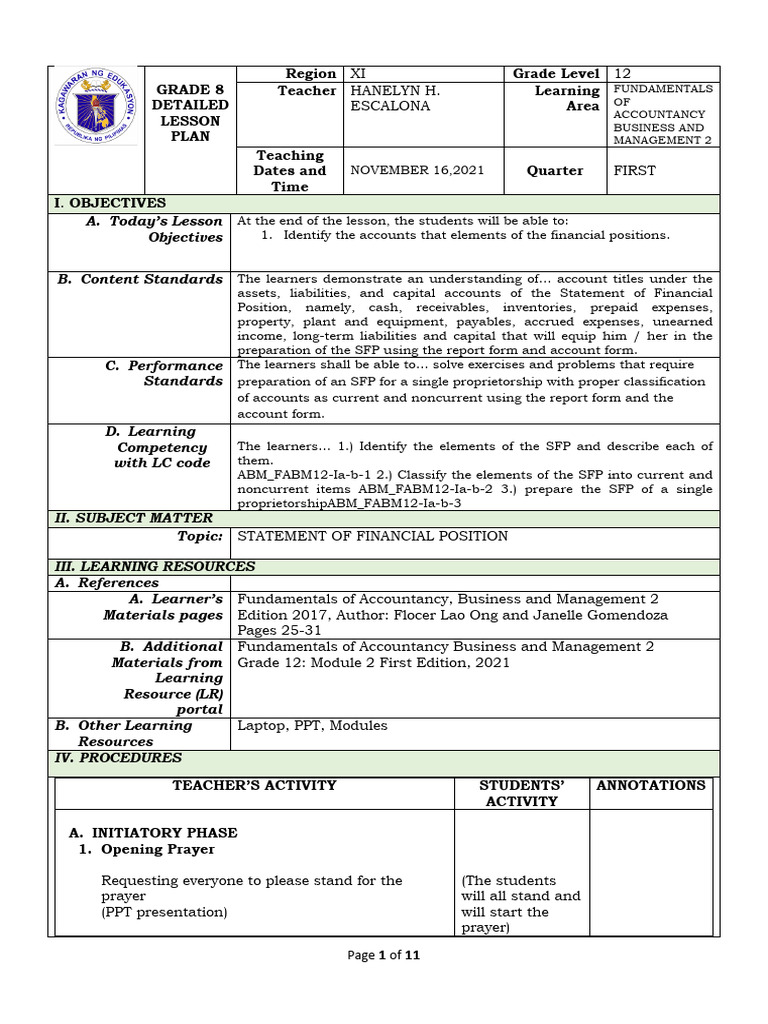 DLL-Detailed Lesson Plan HANELYN COT1 | PDF | Equity (Finance) | Financial Accounting