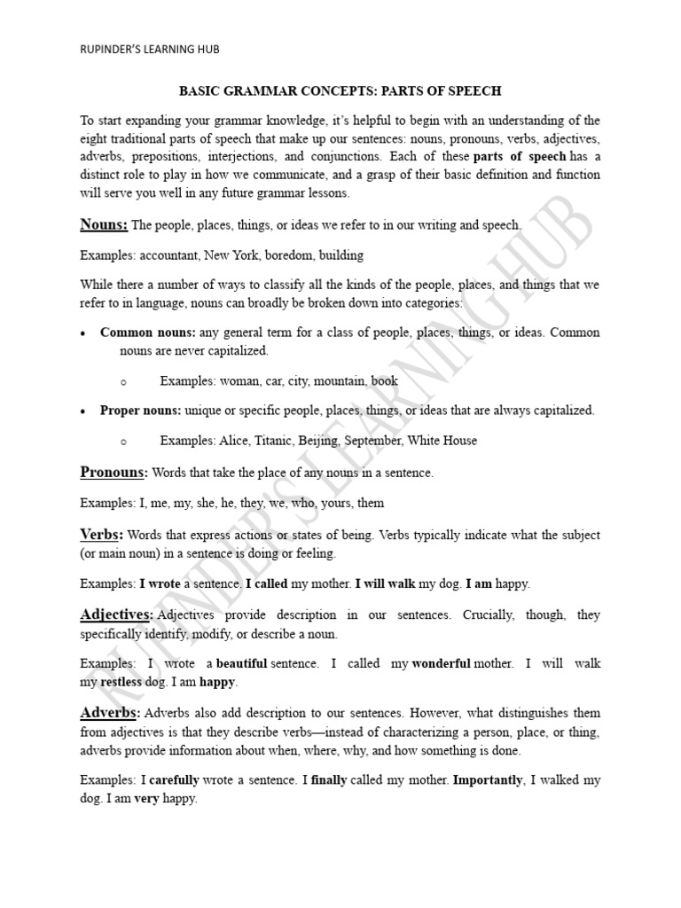 Basic Grammar Concepts | PDF | Part Of Speech | Noun