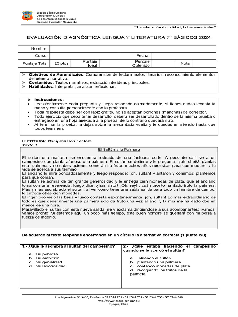 Prueba 7° Básico lenguaje y Comunicación 2024 | PDF | Lingüística