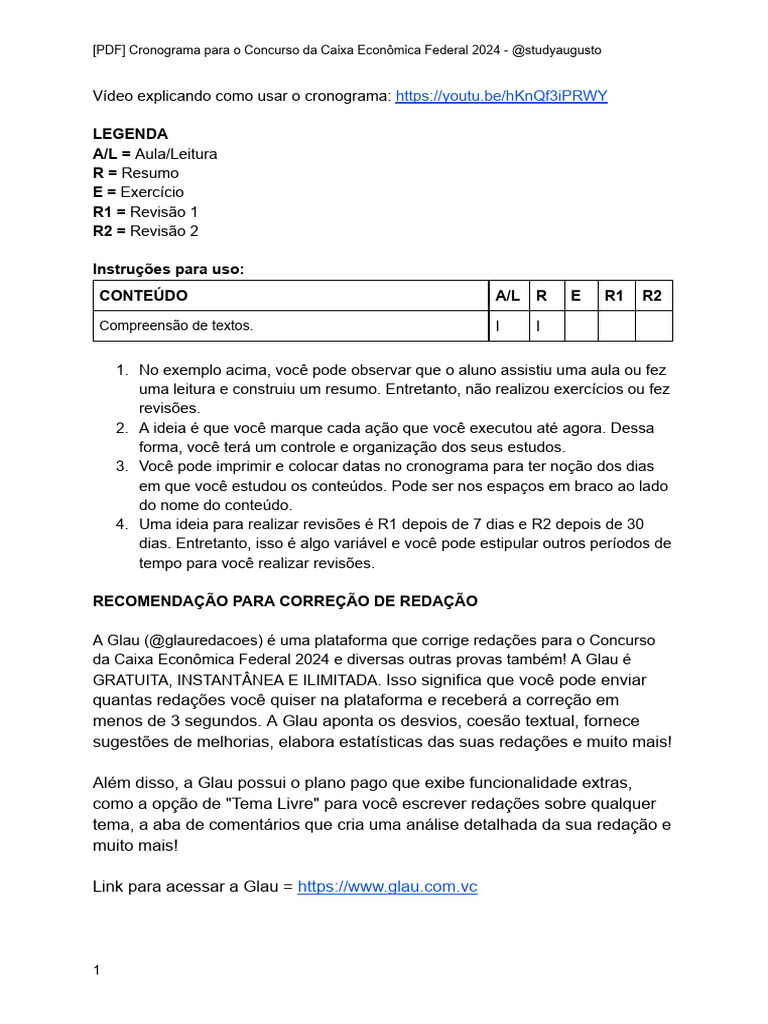 Cronograma Concurso Caixa 2024: Estudo e Dicas | PDF | Juros | Economia