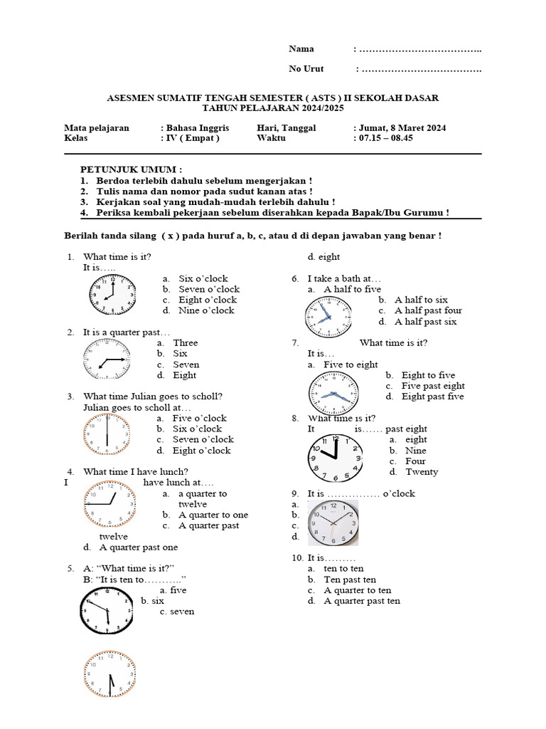 Ujian Bahasa Inggris Kelas IV | PDF | Language Arts & Discipline