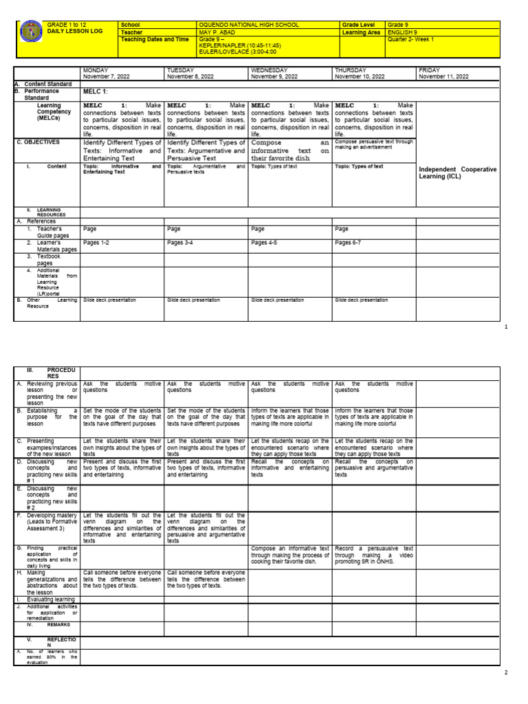 English 9, W1 | PDF | Persuasion | Teaching