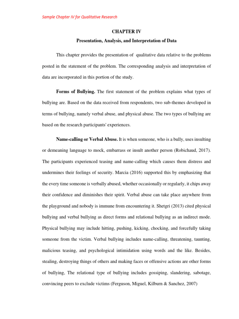 Sample Chapter 4 For Qualitative Research | PDF | Bullying | Self Esteem