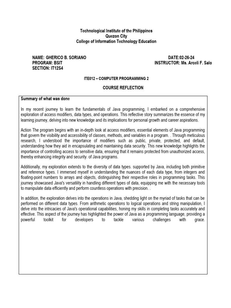 Course Reflection | PDF | Java (Programming Language) | Data Type