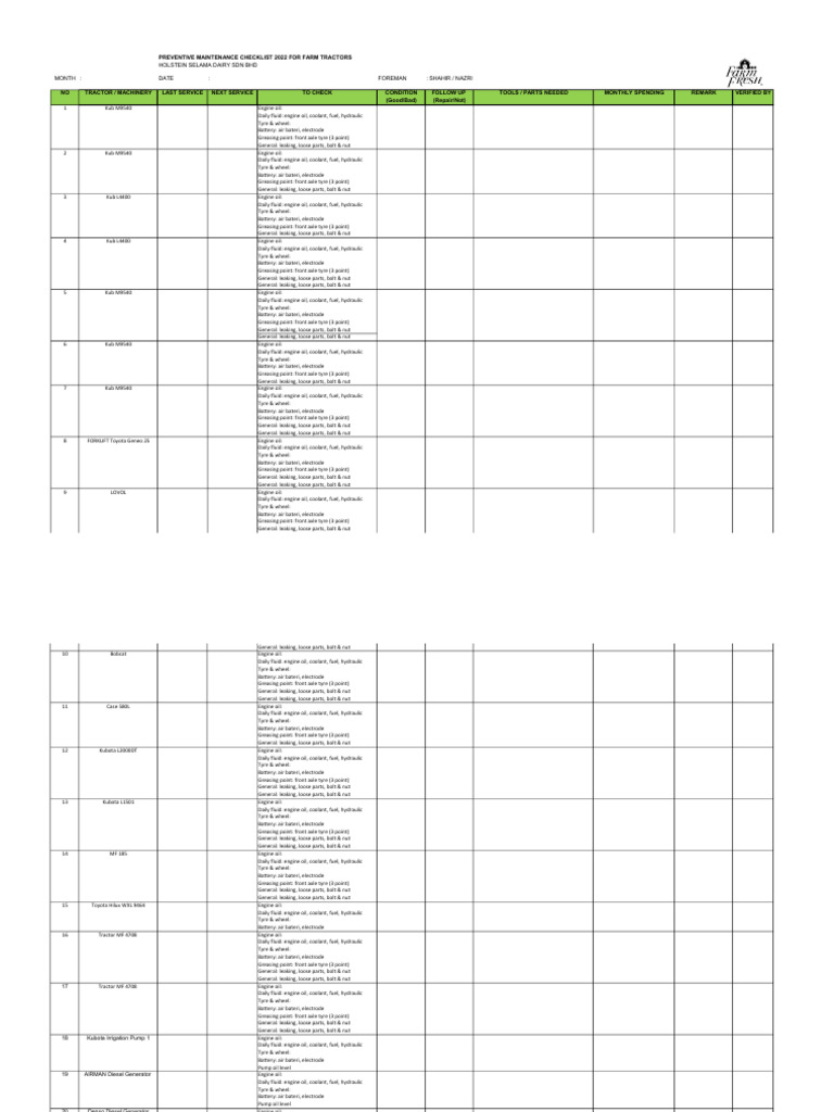 Preventive Maintenance Checklist | Download Free PDF | Tractor | Oil