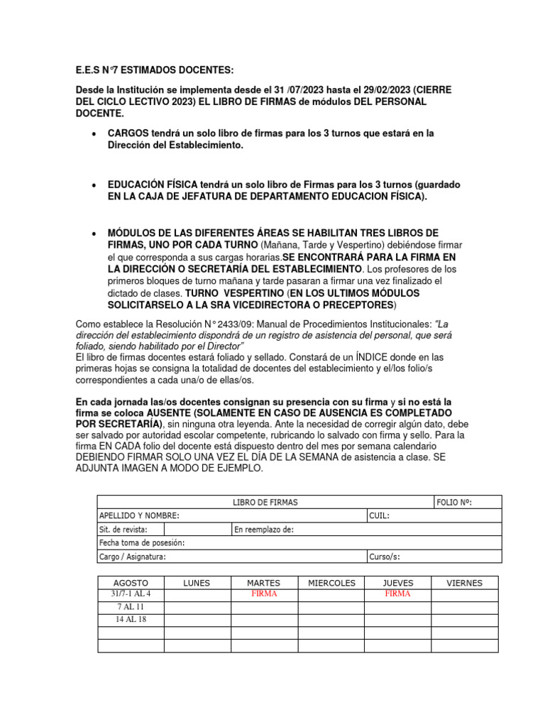 Instructivo Libro de Firmas Personal Docente | PDF