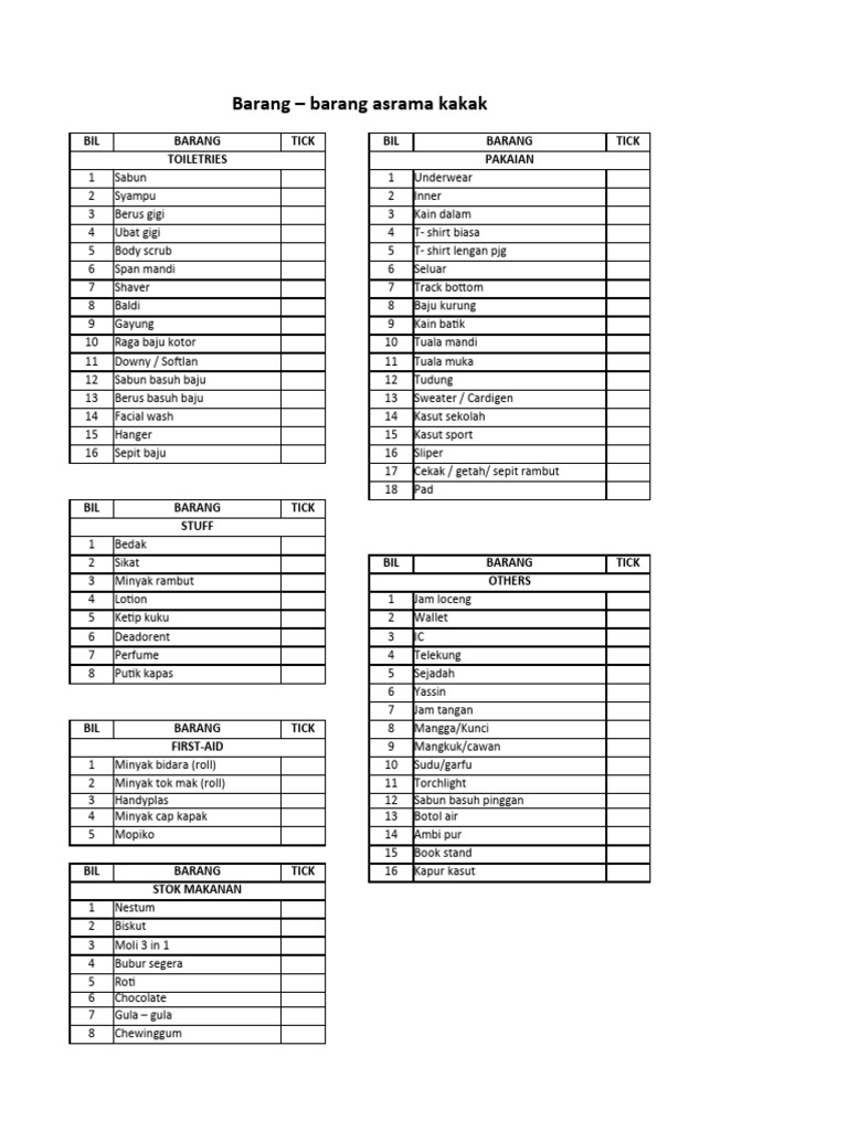 Cadangan List Barang Asrama - Murid Perempuan | PDF